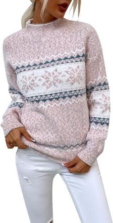 Generic Pull de No&euml;l pour femme avec petit col montant, pull chaud en tricot avec rayures, chemises &agrave; manches longues, pull de No&euml;l pour femme, rose, M