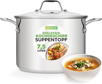 Nutrichef NutriChef Kochtopf gro&szlig;, 8L Suppentopf Induktion aus Edelstahl mit Glasdeckel, 18/8 Gro&szlig;raumtopf Hitzebest&auml;ndig bis 260 &deg;C, F&uuml;r alle Herdarten, Sp&uuml;lma