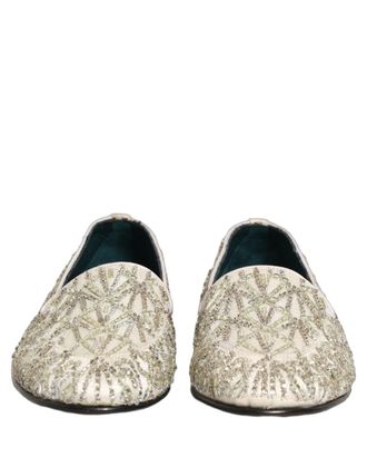 Dolce & Gabbana Mens White Velvet Embroidered Dress Loafers Shoes Leather