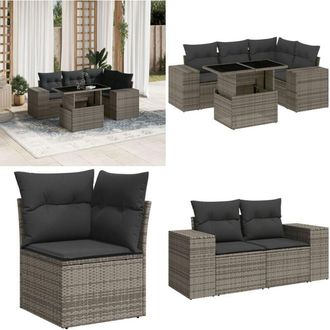 vidaXL 5-tlg. Garten-Sofagarnitur mit Kissen Grau Poly Rattan - Gartenm&ouml;bel Set - Esszimmerset Outdoor - Lounge M&ouml;bel - Rattan Gartenm&ouml;bel - Wetterfest