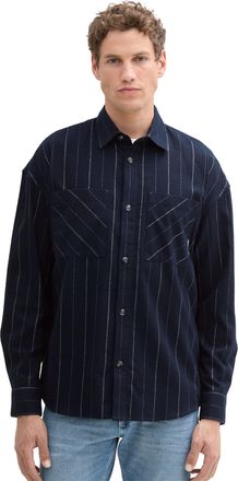 Tom Tailor Herren 1042548 Overshirt Hemd mit Streifen & Brusttaschen, 36073-Navy White Pin Stripe, L