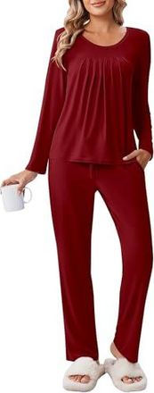 Ekouaer Vêtements De Nuit Chaud Pyjama Femmes Hiver Pyjama 2 Pièces Col Rond Manches Longues Haut et Bas Ensembles Longs, Rouge Vineux, S