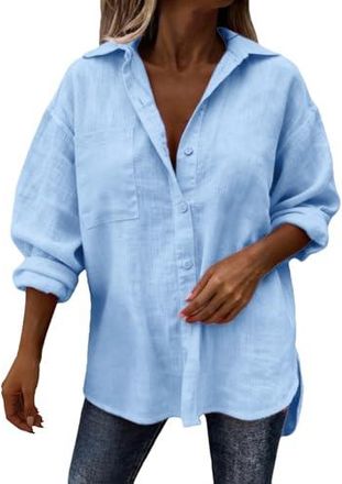 Generic Chemise Femme Coton Et Lin Chemisier avec Bouton 2026 Nouveau Chemisiers Polyvalent Haut D&eacute;contract&eacute; Large Top Grande Taille Chemisier Mi Saison S-3Xl