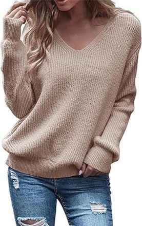 Generic Uwdiohq Pull Ample À Manches Longues Et Col en V pour Femme Couleur Unie Womens Sweater Neck (Khaki, M) Hiver Pulls Femmes Roulé Blanc Halloween Sweat