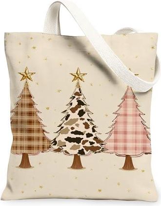 Generic Sacs fourre-tout en toile motif arbres de No&euml;l, sacs d&eacute;picerie r&eacute;utilisables, vintage, l&eacute;gers, lavables, beige, 13x15 Inch