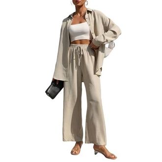 Generic Ensemble 2 pièces pour femme avec chemise boutonnée sur le devant et pantalon large à nouer sur le devant, manches longues et épaules tombantes, abric