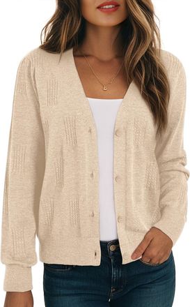 Dokotoo Damen Strickjacke Elegant V-Ausschnitt Kurzer Cardigan Einfarbig Langarm Dirndl Jacke mit Knopf, Aprikose, M