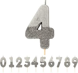 Talking Tables Silberne Geburtstagskerze Nummer 4 mit Glitzer - Premium hübsche Tortendekoration - für Kinder, Erwachsene, 40. Geburtstagsfeier, Jubiläum, Meilenstei