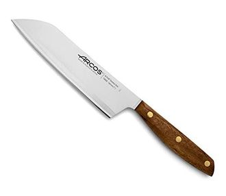 Arcos Couteau Santoku en Acier Inoxydable pour Poisson, Viande et Légumes - Manche en Bois dOvengkol 100% Naturel, Lame de 190 mm - Couleur Marron, Série No