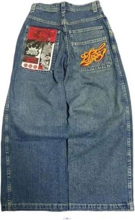 ORANDESIGNE Jeans Y2K Homme Taille Basse Printed Pants Pantalon Unisexe Pantalon Cargo D&eacute;contract&eacute; Imprim&eacute; Hippie Streetwear XXL Z08 Bleu