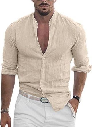 Onsoyours Homme Chemise en Lin Casual Couleur Uni Tops Mode Confortable Respirant Lin Shirt A Kaki L