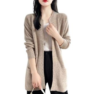 Generic Cardigan dhiver 100 % laine pour femme - Col rond - Tendance - Long et ample - Tricot doux - Grande taille, kaki, Taille L