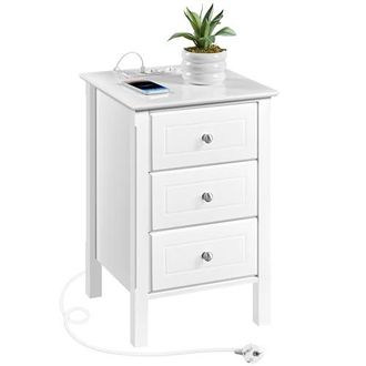 Yaheetech Nachttisch Beistelltisch mit Steckdose 2 Anschl&uuml;sse und 3 Schubladen Boxspringbett Nachtschrank Sofatisch Ablagetisch f&uuml;r Wohnzimmer/Schlafzimmer, Wei