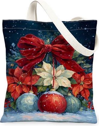Generic Sac fourre-tout en toile motif floral de No&euml;l, sac d&eacute;picerie r&eacute;utilisable, vintage, l&eacute;ger, lavable, Rouge, 13x15 Inch