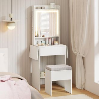 Giantex Schminktisch mit Hocker, Kosmetiktisch mit verstellbaren LED-Beleuchtung und Steckdosen, Frisiertisch mit Schublade, Schrank & offenem Fach, Frisierti