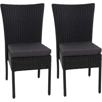 Hhg 2er-Set Poly-Rattan Stuhl HHG-949, Balkonstuhl Gartenstuhl, stapelbar schwarz, Kissen dunkelgrau
