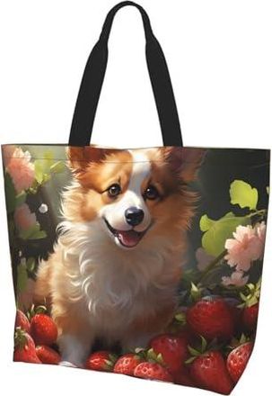 Generic Fraise Et Adorable Corgi Sac A Main Femme R&eacute;utilisable Tote Bag Imperm&eacute;able Sac Fourre Tout Pour Universit&eacute; Travail Shopping