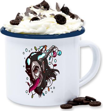 Shirtracer Emaille Tasse Blechtasse - Weihnachtstasse Weihnachten - Krampus mit Weihnachtsdeko - 300 ml - Weiß Blau - weihnachtstassen christmas tassen glühwein 