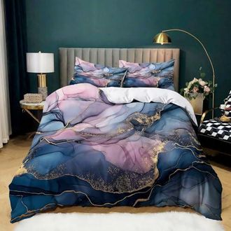 Generic Housse de Couette Texture dor Marbre 240 x 220 cm, Parure de Lit Bleu 2 Personnes - House de Couette Microfibre avec Fermeture Eclair et 2 Taies dorei