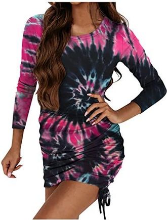 Generic Robes amincissantes pour femmes robe ajust&eacute;e col rond d&eacute;grad&eacute; tie-dye extensible cordon de serrage &agrave; manches longues moulants cousus mini, rose vif, S
