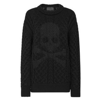 Philipp Plein Femme, Pulls, Noir, Taille: 38 FR Pullover Col Rond Skull