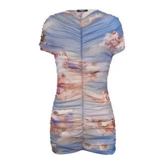 Balmain Femme, Robes, Multicolore, Taille: 38 FR Robe en tulle fronc&eacute; imprim&eacute; Sky