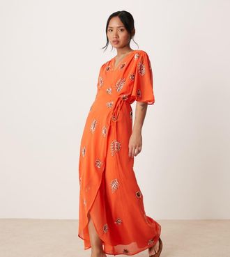 Hope & Ivy Petite Robe portefeuille longue ornement&eacute;e - Orange