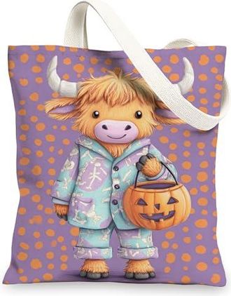 Generic Sacs fourre-tout en toile de vache mignonne, motif animal, sacs dépicerie réutilisables, amusants et légers et lavables avec bandoulière, violet, 13x1