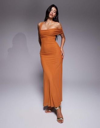 Asos Robe mi-longue asymétrique en tulle à épaule dénudée - Jaune brûlé