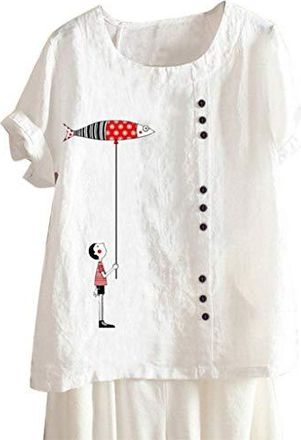 ORANDESIGNE T-Shirt Femme Motif Imprimé Poisson Tee Shirt Manche Courte Grande Taille Ample Décontracté Bouton Tunique Top Blouse Chic Pas Cher Casual Sport Haut 