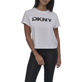 DKNY Womens Blouse/Shirt,OMB Sequin LG SS Tee,WHT/Gunmetal,M