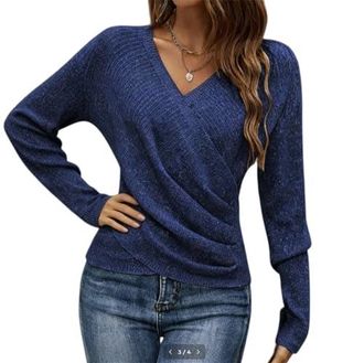 Generic &Eacute;l&eacute;gant pull d&eacute;contract&eacute; en tricot &agrave; col en V pour femme, pull crois&eacute; &agrave; manches longues, haut dautomne d&eacute;contract&eacute;, fronc&eacute;, noir fonc&eacute;, XXL