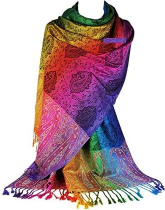 GFM Écharpe de style pashmina arc-en-ciel soyeuse au toucher cachemire ou floral - paisley Noir Multicolore - (Pais-39-KL)