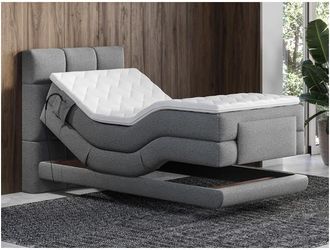 Vente-Unique Boxspringbett mit gestepptem Kopfteil + elektrischem Untergestell mit Relaxfunktion + Matratze + Topper - 100 x 200 cm - Stoff - Hellgrau - LODI von P
