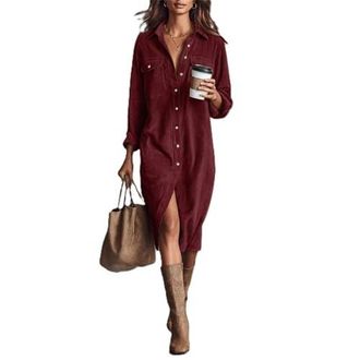 Generic Robe chemise midi boutonnée en velours côtelé pour femme, robe midi décontractée à manches longues, robe midi à col en V, Rouge, XXL