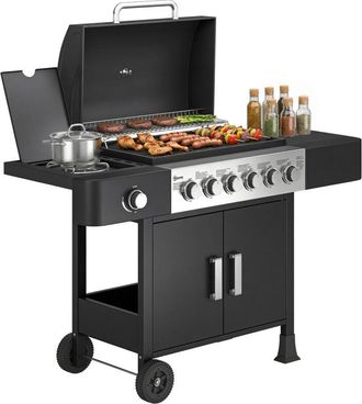 OUTSUNNY Barbecue &agrave; gaz - Outsunny - 6+1 br&ucirc;leurs thermom&egrave;tre int&eacute;gr&eacute; - chariot portable avec roues - m&eacute;tal - noir