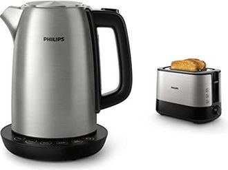 Philips HD9359/90 Wasserkocher aus Edelstahl für Tee bis Babynahrung (2200 Watt, 1,7 Liter, Warmhaltefunktion) & HD2637/91 Toaster, Kunststoff, Schwarz/Edelst