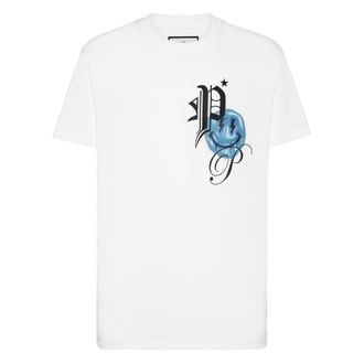 Philipp Plein Homme, Tops, Blanc, Taille: 2XL T-Shirt Col Rond Smile