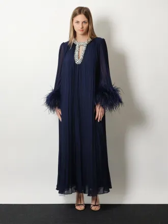 Self Portrait Womens Chiffon Long Dress With Ostrich Feathers Blue Polyester