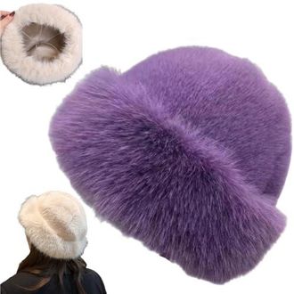 Generic Womens Winter Faux Fur Bucket Hat,Fluffy Furry Warm Hat,Soft Plush Fisherman Cap,Cozy Thickened Mongolian Hats for Outdoor (Purple)