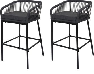 Mendler 2er-Set Rope-Barhocker HWC-O22, Tresenhocker, Outdoor Sitzpolster Seilgeflecht Metall - anthrazit, Kissen dunkelgrau