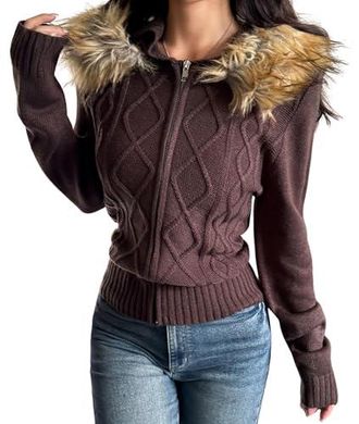 Generic Y2k Cardigan tricot&eacute; &agrave; capuche en fausse fourrure avec fermeture &eacute;clair sur le devant pour tenue d&eacute;contract&eacute;e, cardigan avec bordure en fourrure pour 
