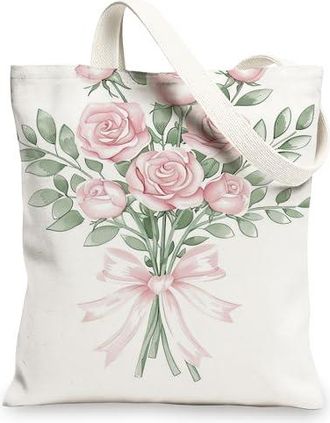 Generic Sac à provisions en toile avec motif floral rose, sac à provisions réutilisable, léger, lavable et respectueux de lenvironnement, blanc, 13x15 Inch