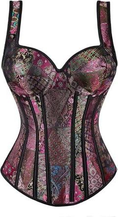 Generico Corset Haut Femme Bustier Grandes Tailles Corset avec Motif Jacquard Lacets Top Satin Lace Up Shaper Corsage Slim Poitrine Pleine Poitrine Gothique Vi