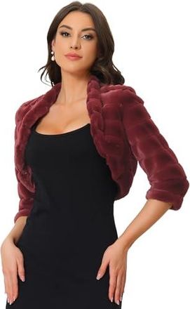 Allegra K Veste bol&eacute;ro pour Robe de soir&eacute;e Ouverte sur Le Devant Courte en Fausse Fourrure Moelleuse, Bordeaux, X-Large