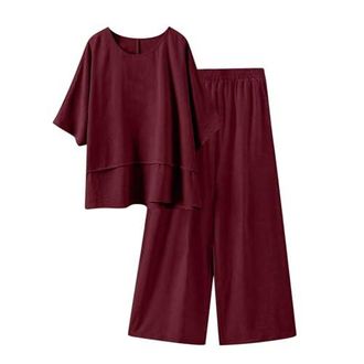 Generic V&ecirc;tements de sport 2 pi&egrave;ces en lin pour femme - Ensemble pour v&ecirc;tements en coton et lin - Chemises &agrave; manches longues - Pantalon large - Surv&ecirc;tement gr