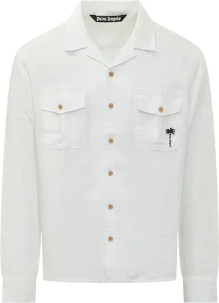 Palm Angels Homme, Chemises, Blanc, Taille: M Logo Bowling Shirt