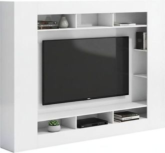 Dmora Wohnwand Sadali, Wohnzimmerm&ouml;bel 7 Regale, Schubladen Made in Italy, 11 F&auml;cher, 216x30.4x158.6h cm Hochglanz Wei&szlig;