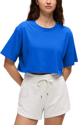 CRZ YOGA Damen Sport T-Shirt Kurzarm Sommer Fitness Crop Oberteile Crew Neck Leichte Yoga Top Atmungsaktiv Laufshirt Starkes Blau 38