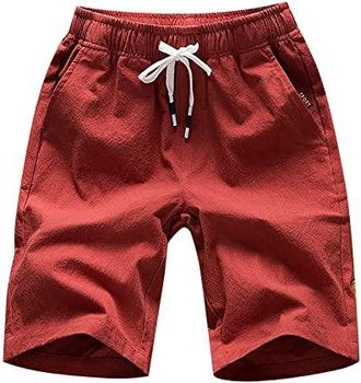 Generic Short dentra&icirc;nement en coton et lin pour homme - Taille &eacute;lastique - Short de plage d&eacute;t&eacute;, Rouge, 4XL